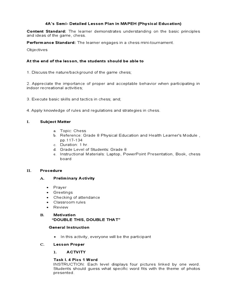 Chess Lesson Plan | PDF | Chess | Lesson Plan