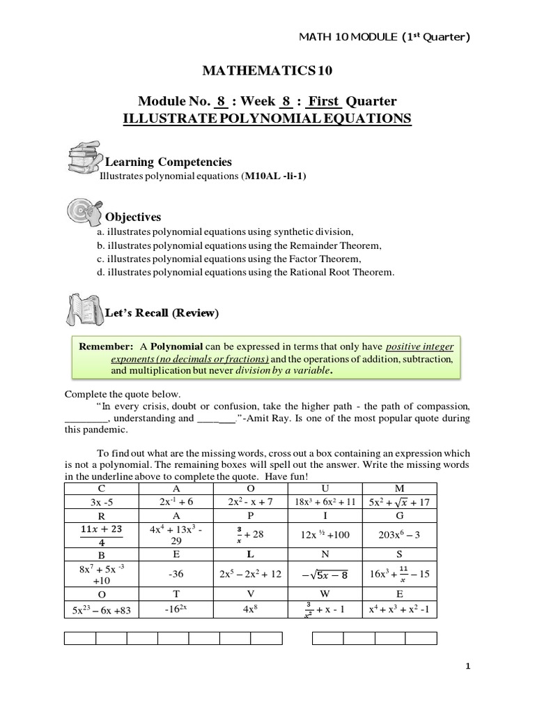 MATH Grade-10 Quarter-1 Module-8 Week-8 | PDF