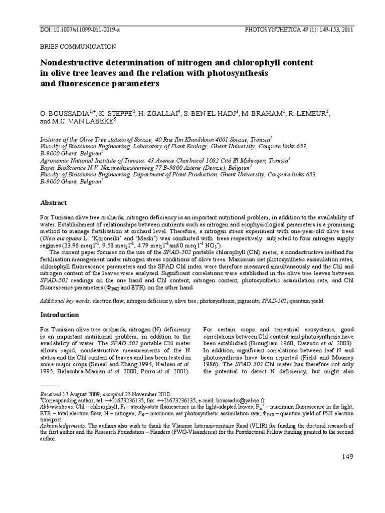 Nondestructive determination of nitrogen and chlorophyll content in ...