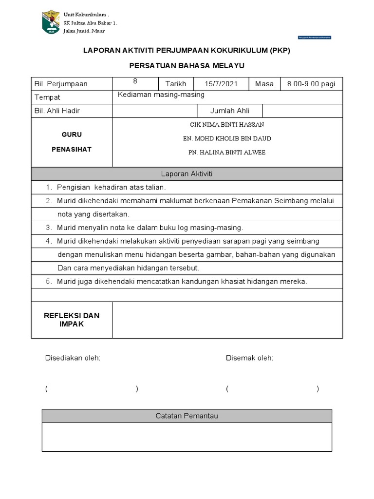 Borang Laporan Aktiviti Kelab Dan Persatuan PKP Minggu 8 | PDF