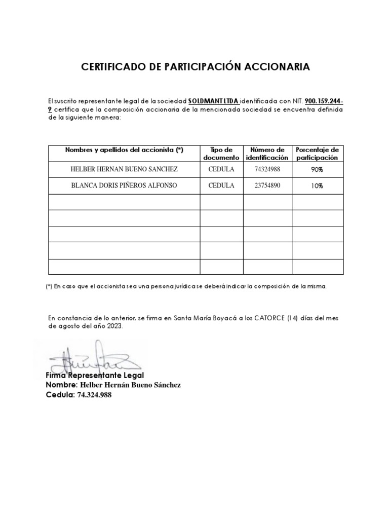Certificado Participacion Accionaria | PDF Certificado Participacion Accionaria | PDF