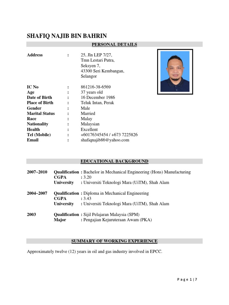 Resume - Shafiq Najib Bin Bahrin - 2023 | PDF | Offshore Drilling | Engineering