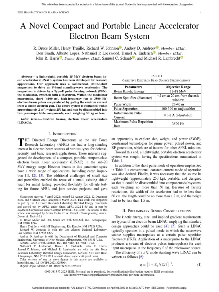 A Novel Compact and Portable Linear Accelerator Electron Beam System | PDF