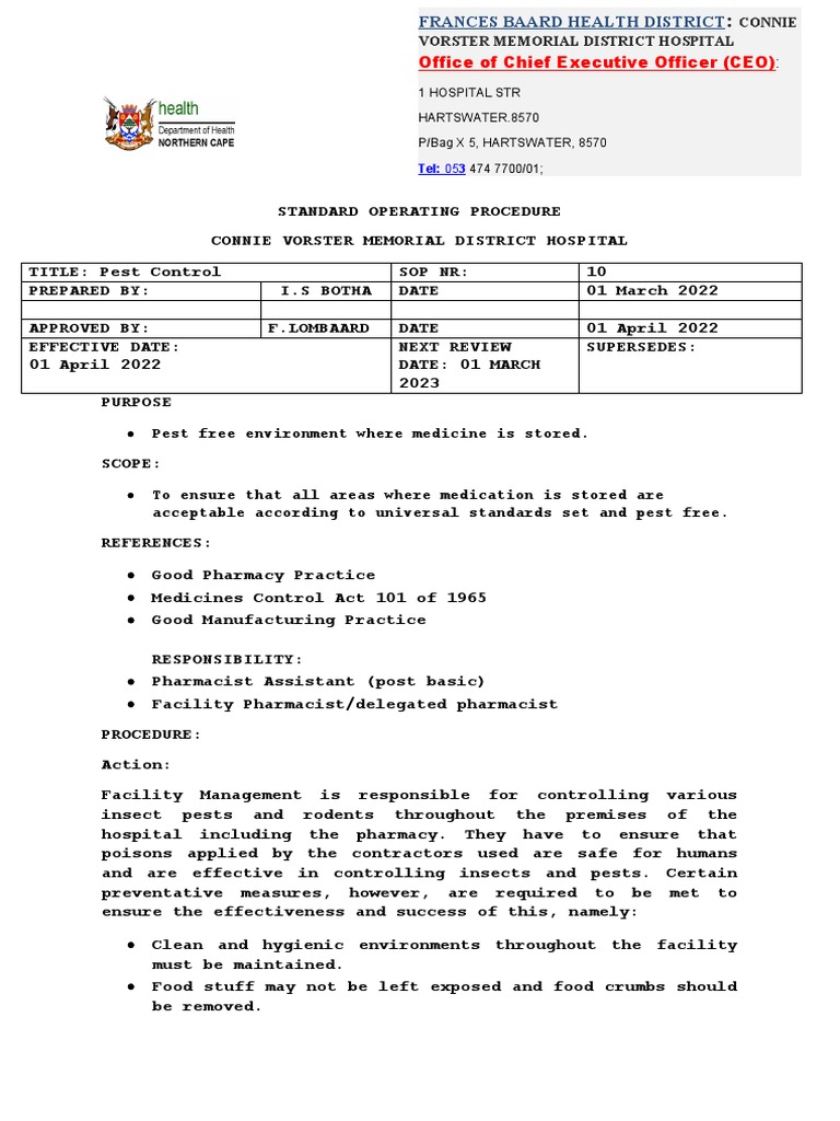 Pest Control SOP for Hospital Pharmacy | PDF | Self-Improvement