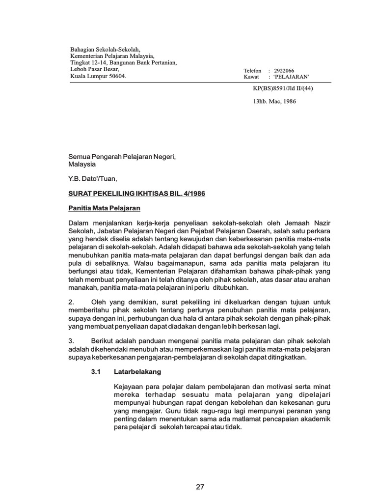 Spi Bil 4 1986 Panitia Mata Pelajaran | PDF