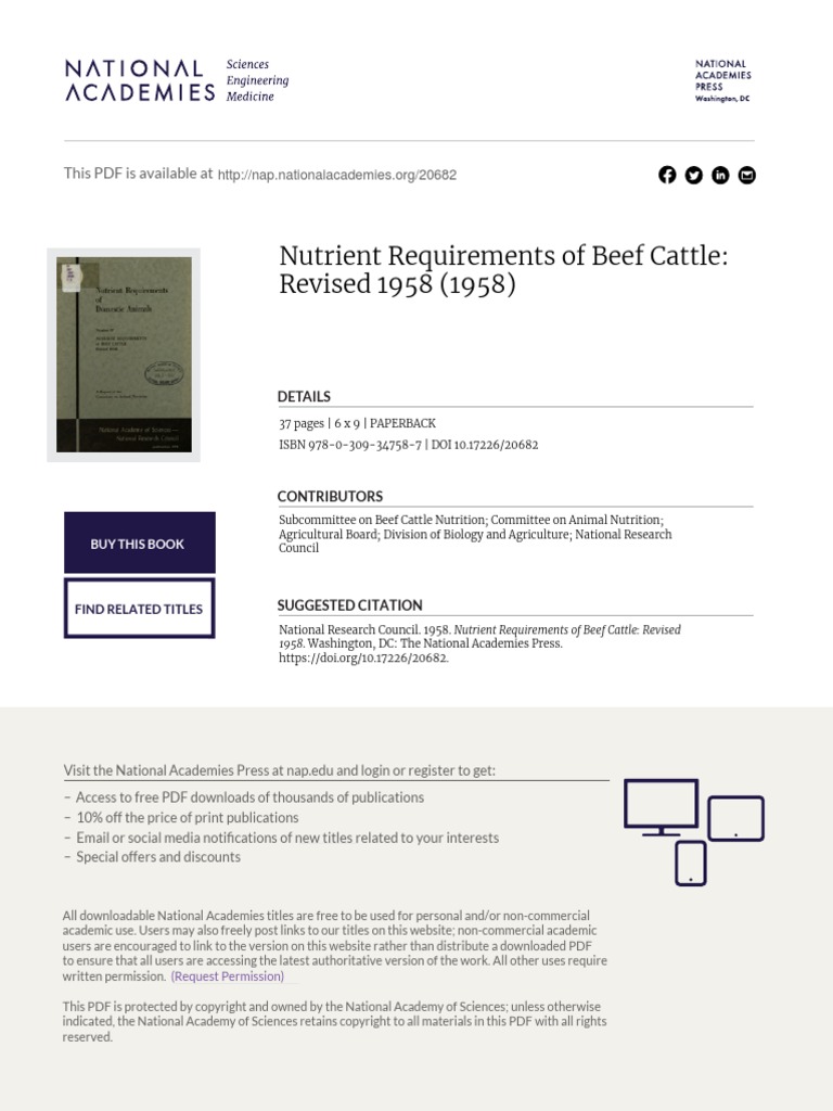 Nutrient Requirements of Beef Cattle: Revised 1958 (1958) : This PDF Is ...