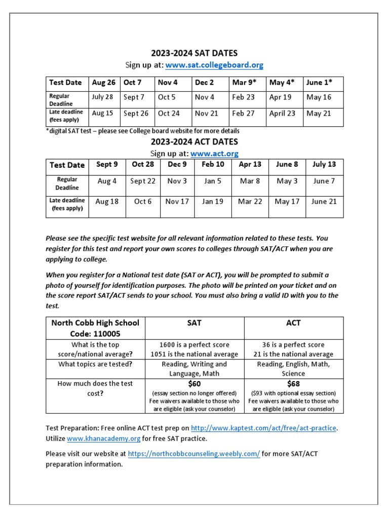 SAT & ACT Dates for 2023-2024 | PDF