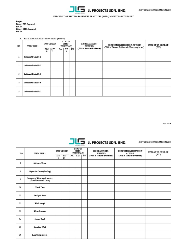 ENV03 - Checklist BMP's Maintenance Record JLPro | PDF