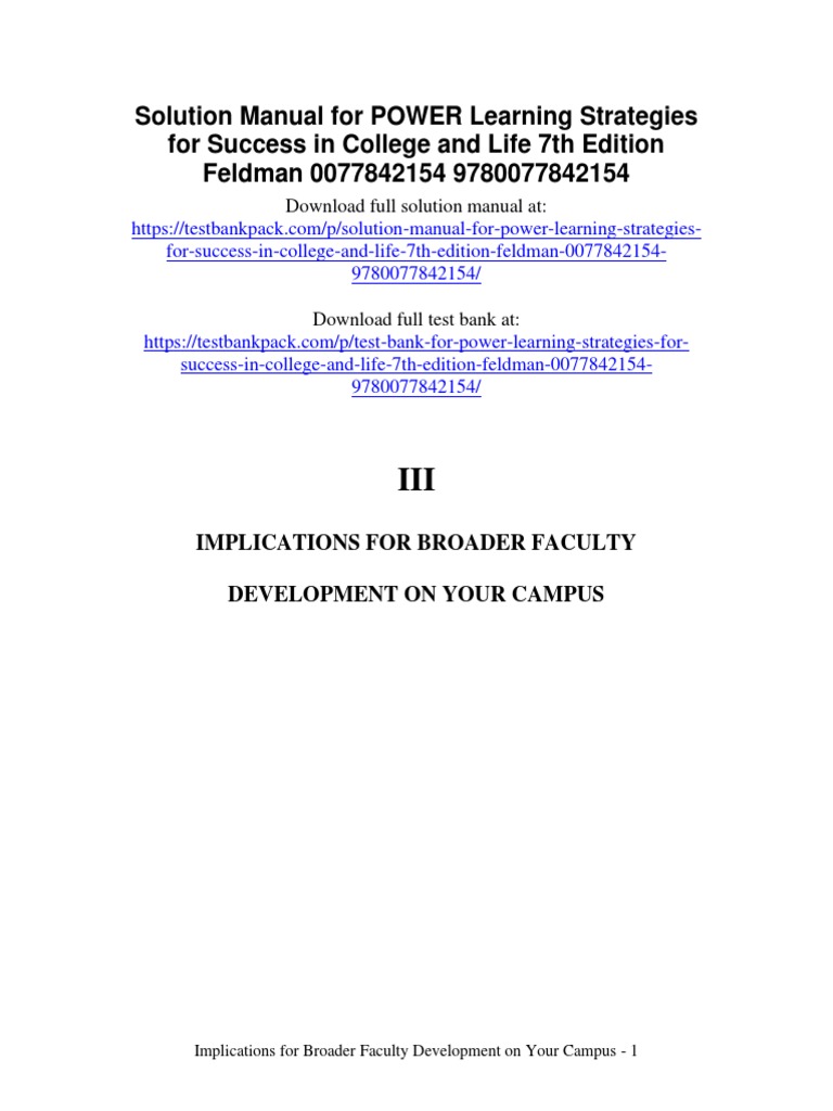 POWER Learning Strategies For Success in College and Life 7th Edition Feldman Solutions Manual 1 ...