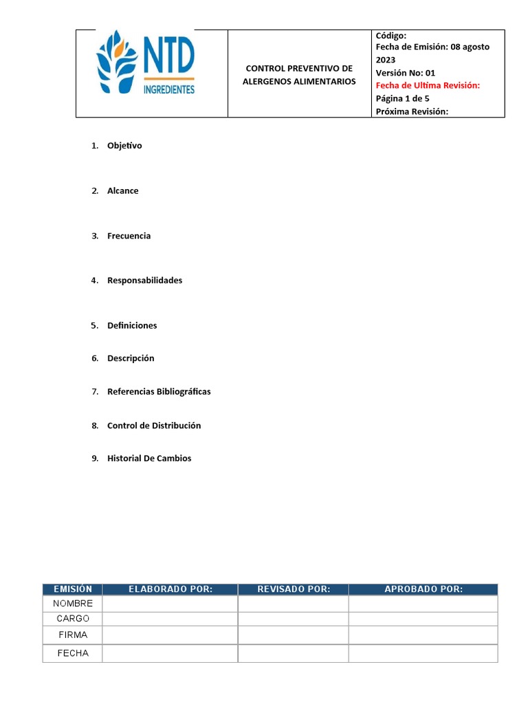 Plan De Control De Alergenos Alimentarios Pdf