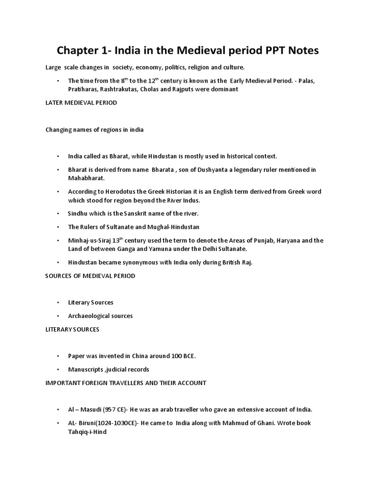 Chapter 1 - India in The Medieval Period PPT Notes and Textual Notes | PDF