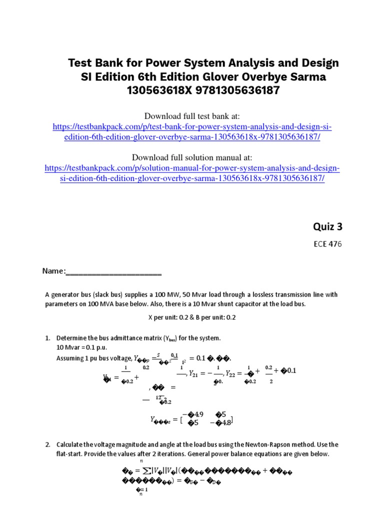 Power System Analysis and Design SI Edition 6th Edition Glover Test ...