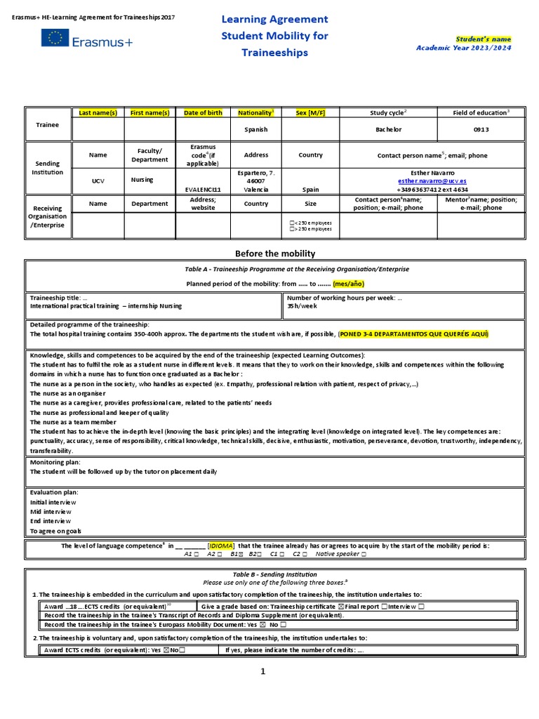 Learning Agreement - Acuerdo 3º | PDF