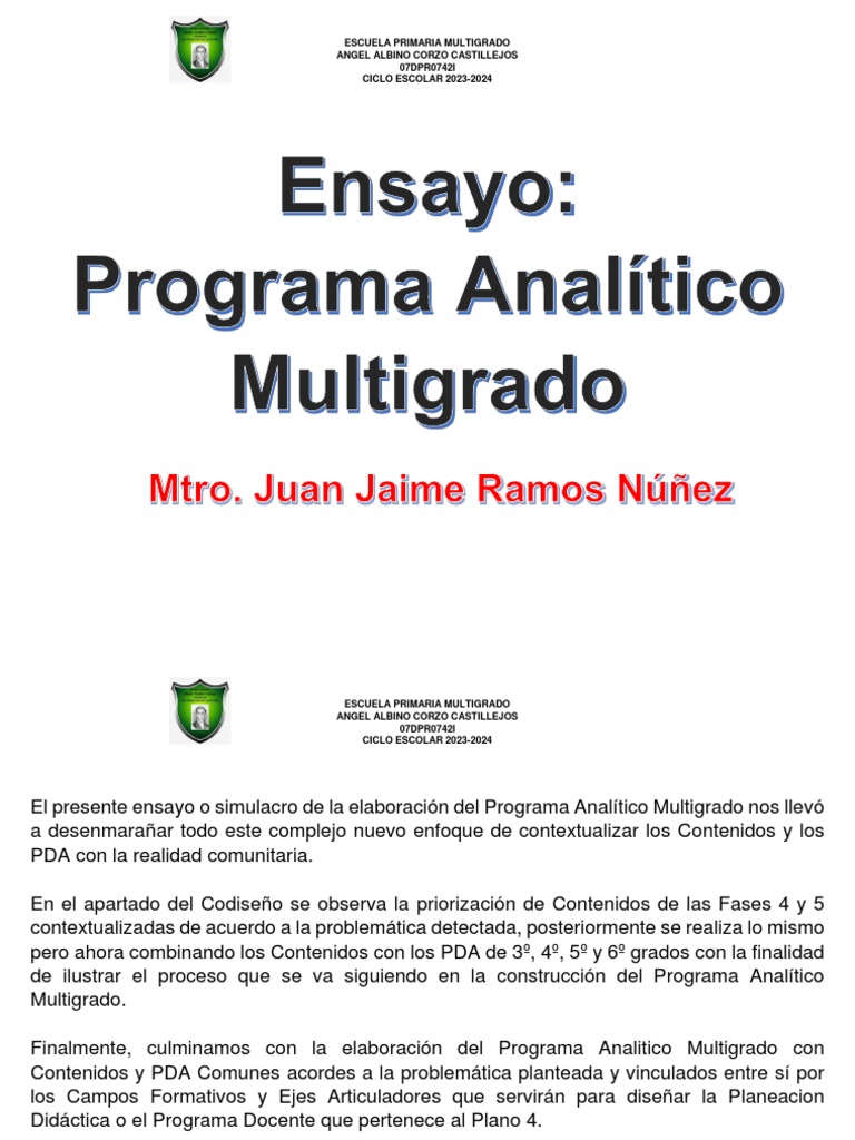 Programa Analitico Multigrado Ensayo | PDF | Educación primaria | Alimentos