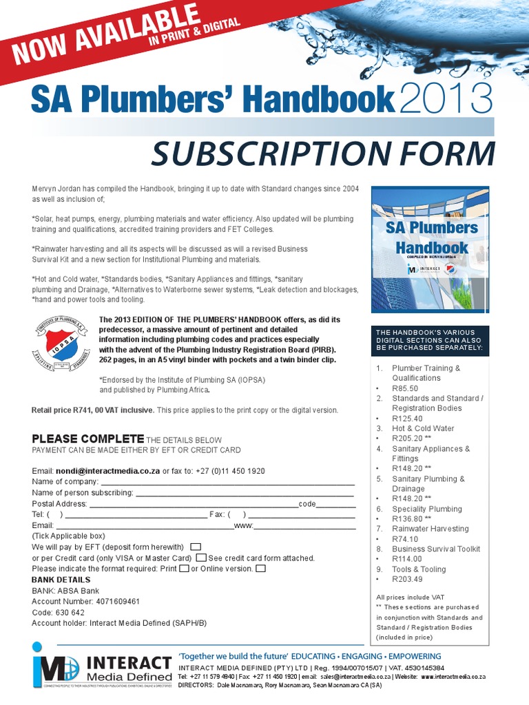 A4 SAPlumbersHandbook2013SUBFORM Print&digital | PDF | Plumbing