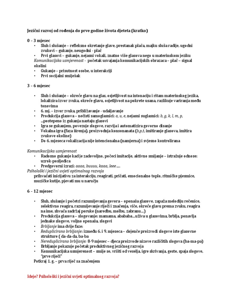 Jezični Razvoj Od Rođenja Do Prve Godine Života Djeteta | PDF