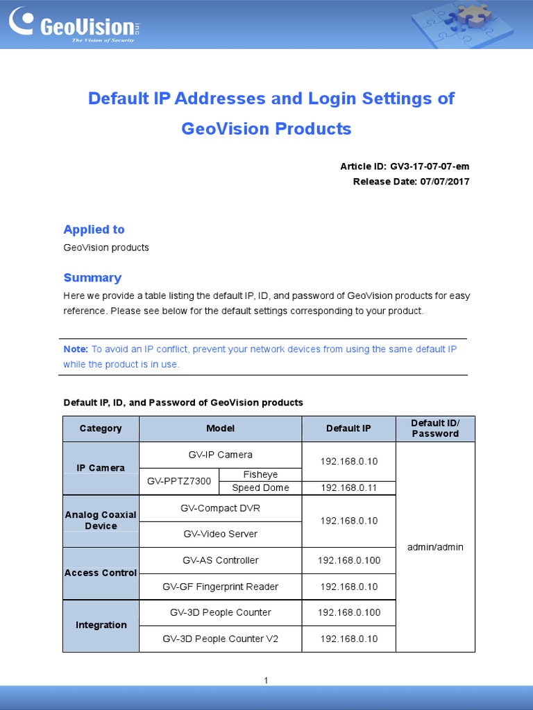 GeoVision Default IP and Login Info | PDF | Computers