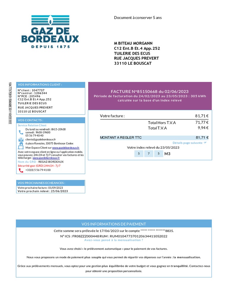 Facture Gaz Bordeaux - Juin 2023 | PDF