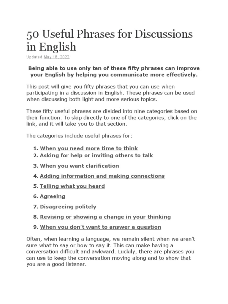 50 Essential Discussion Phrases in English | PDF | Question | English ...