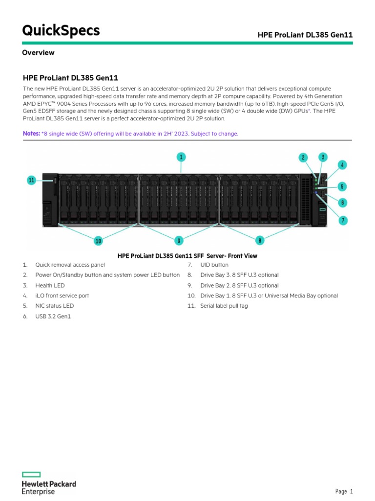 HPE ProLiant DL385 Gen11 QuickSpec | PDF | Computing | Computer Engineering