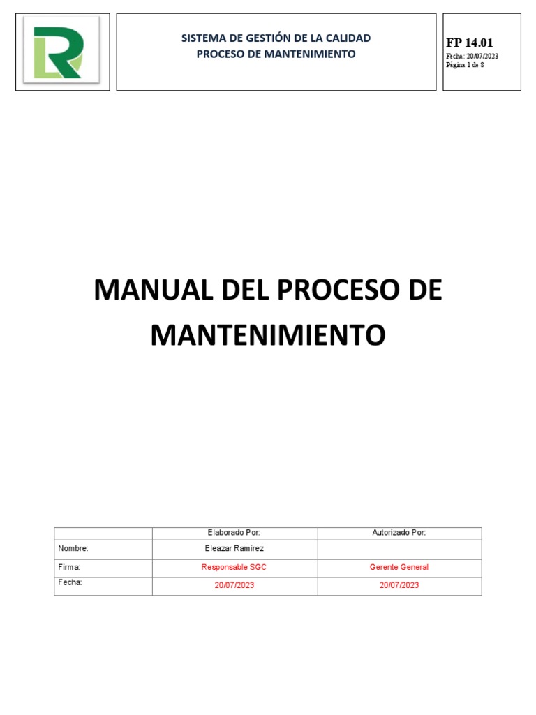Manual Del Proceso de Mantenimiento. | PDF | Calidad (comercial) | Sistema de manejo de calidad