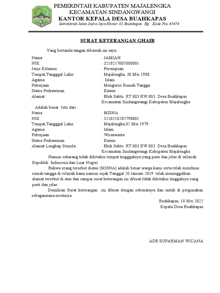 Surat Keterangan Ghoib, Sktm. | PDF