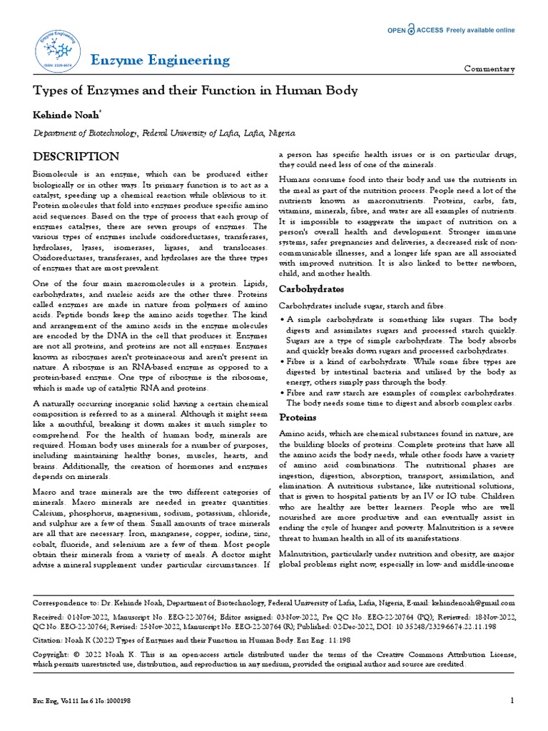 Types of Enzymes and Their Function in Human Body | PDF