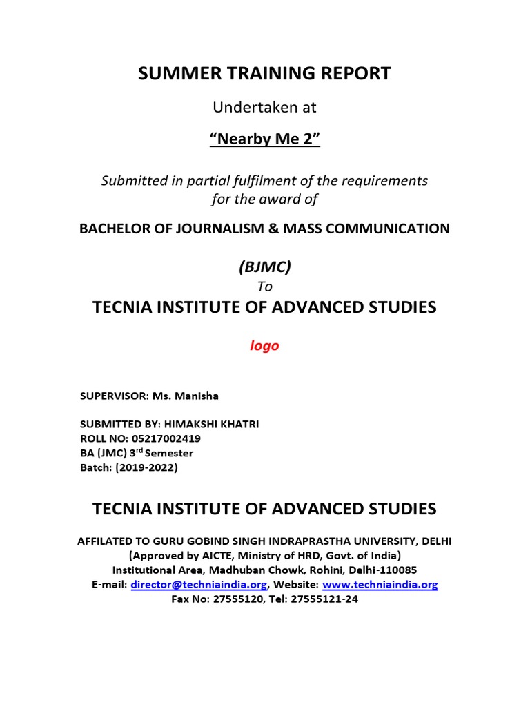 Summer Training Report Front Page 1 | PDF