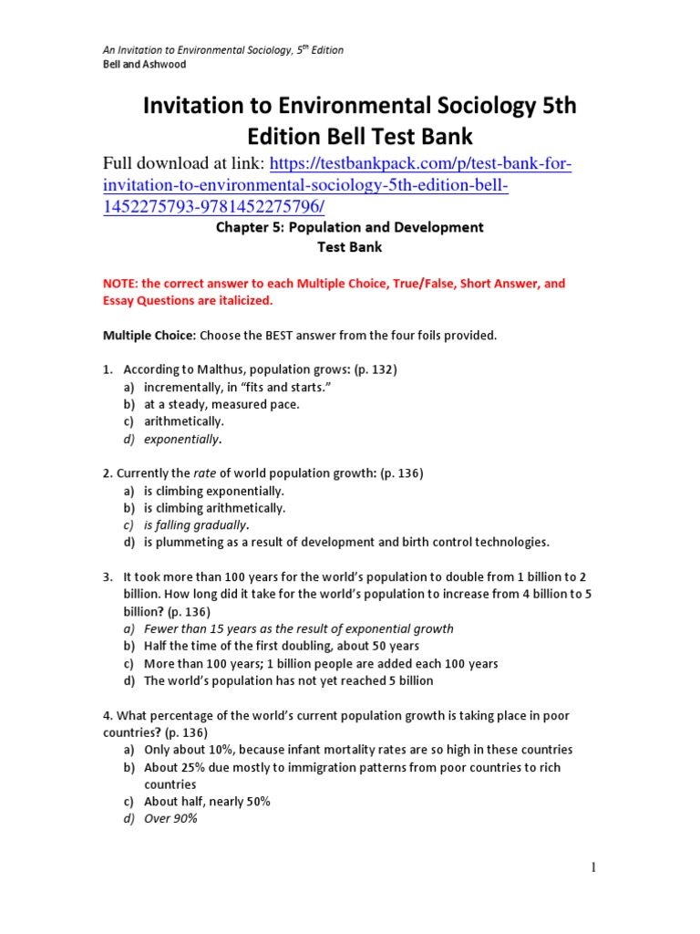 Invitation To Environmental Sociology 5th Edition Bell Test Bank ...