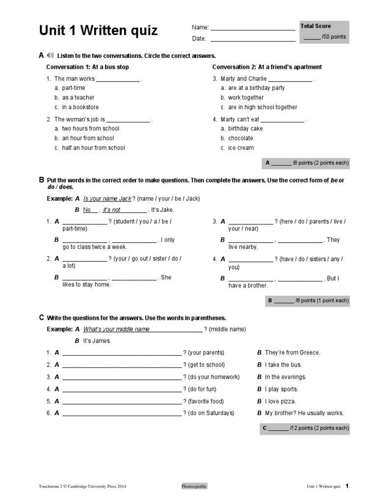 TouchStone - Level 2 U1 - WQ | PDF