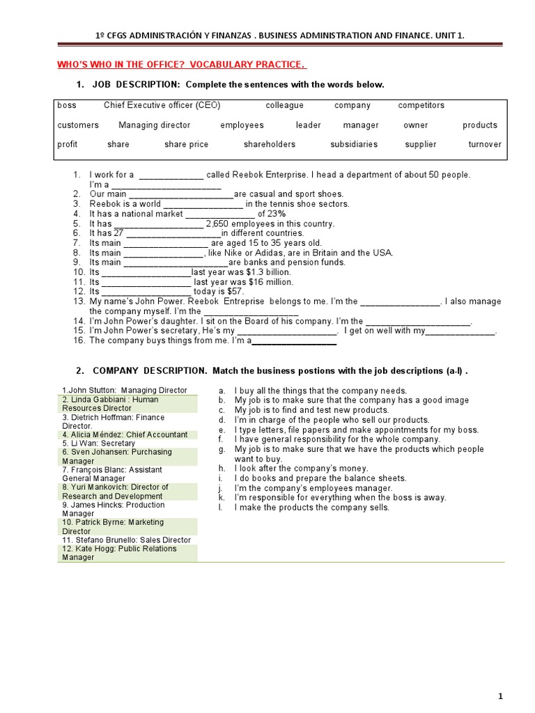 Unit 1. Business Vocabulary. More Exercises. | PDF | Economies | Business