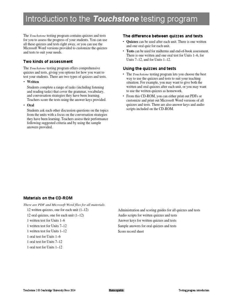 Touchstone Test - Program - Intro | PDF | Quiz | Behavior Modification