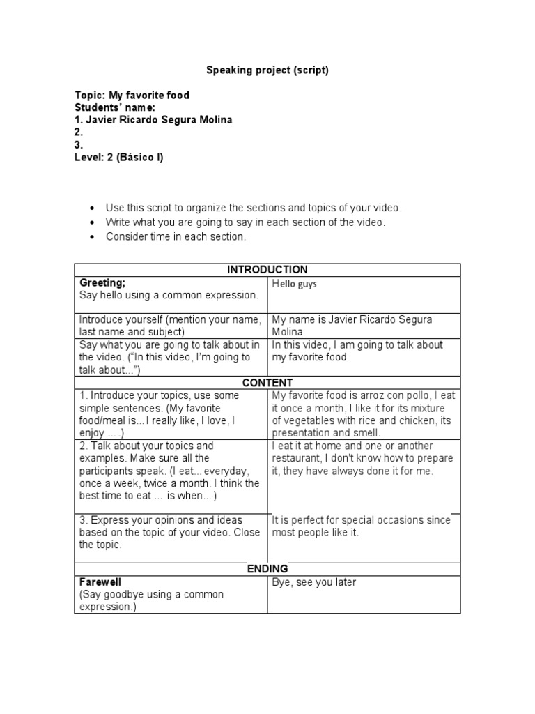 Speaking Project (Script) - Level - 2 - Javier Segura | PDF | Language ...