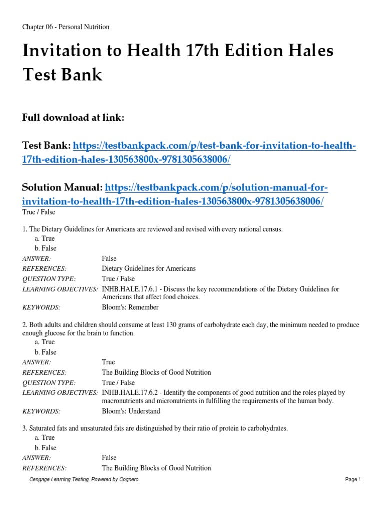 Invitation To Health 17th Edition Hales Test Bank Download | PDF