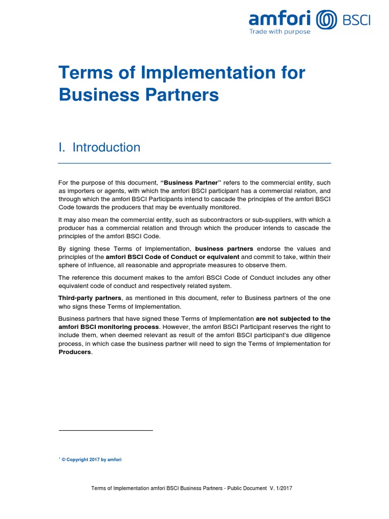 Amfori Bsci Terms of Implementation For Business Partners Oct 2018 | PDF | Business | Supply Chain