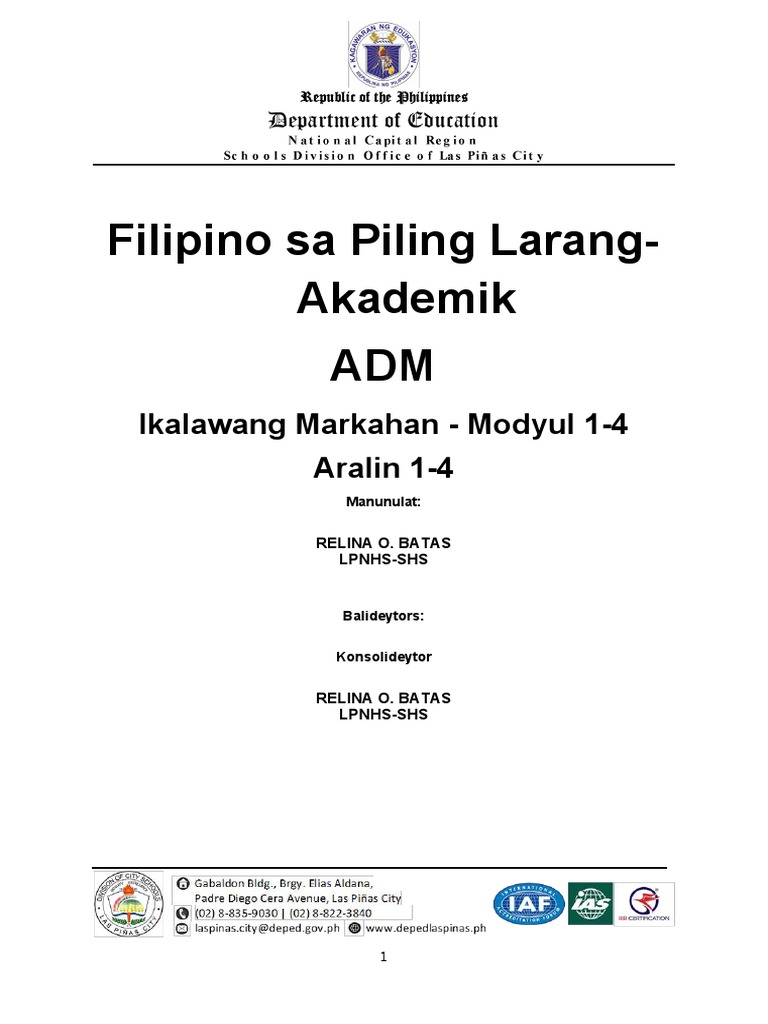 ADM - Filipino 12 Akademik Module1ikalawang Markahan | PDF
