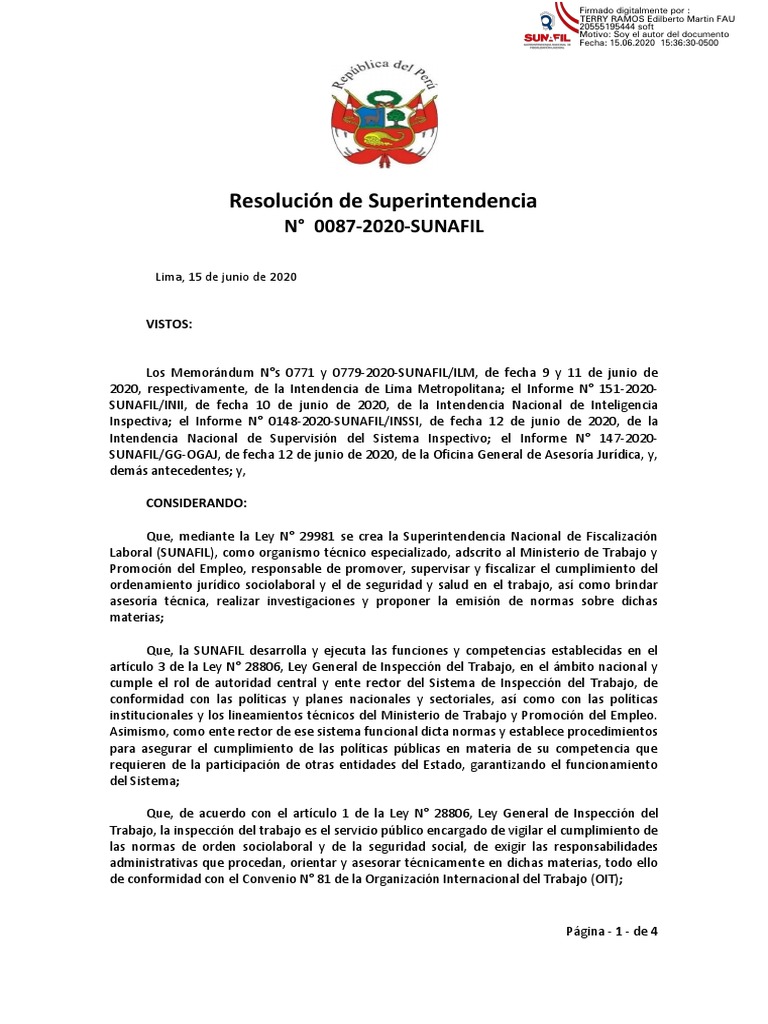 2020 RS 087-SUNAFIL - Prorroga Suspension Plazos | PDF