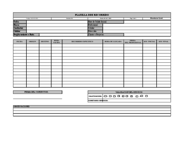 Planilla Control Recorrido | PDF
