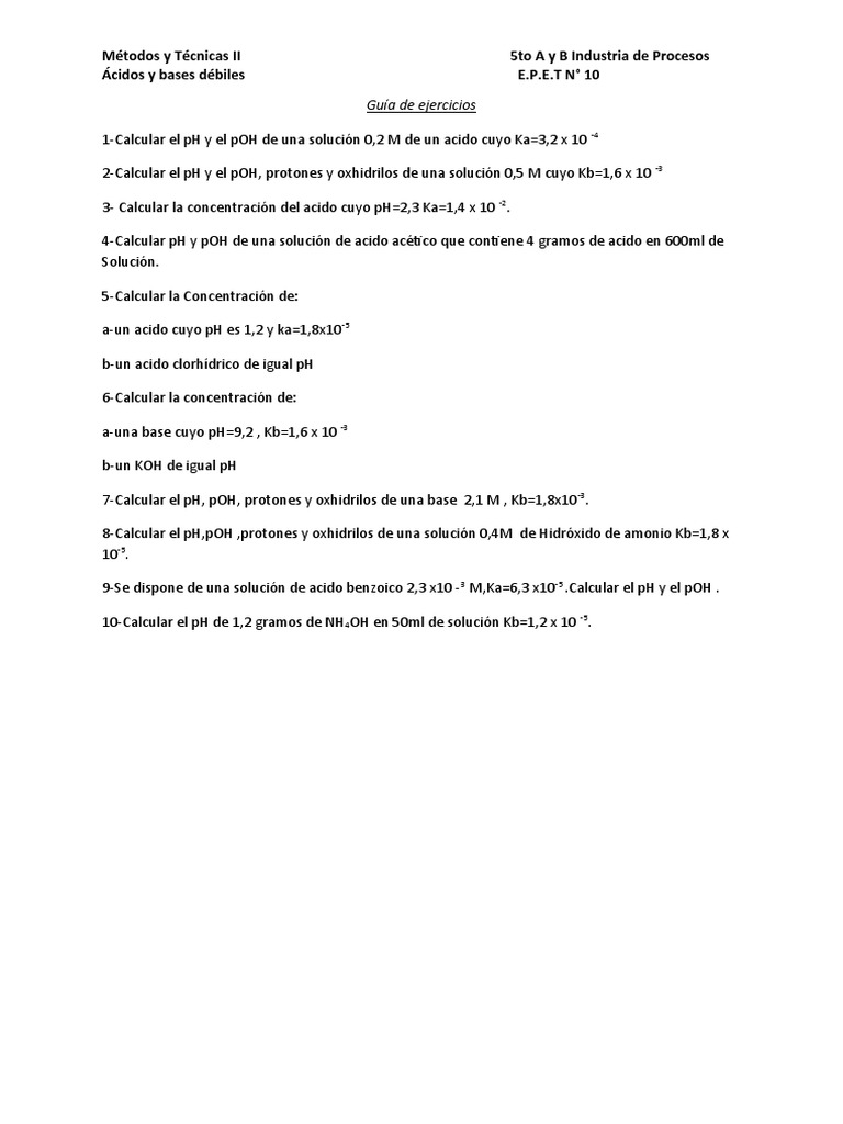Guía de Ejercicios Acidos y Bases Debiles y Fuertes | PDF Guía de Ejercicios Acidos y Bases Debiles y Fuertes | PDF
