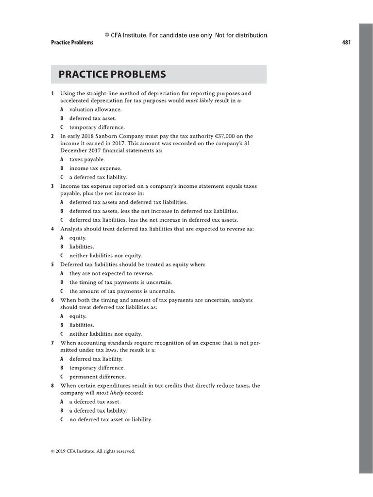 © CFA Institute - Practice Problems - Answers of Income Taxes | PDF