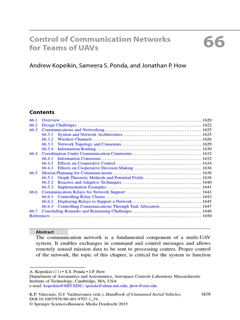 Control Of Communication Networks For Teams Of Uavs Handbook Of Unmanned Aerial Vehicles Pdf