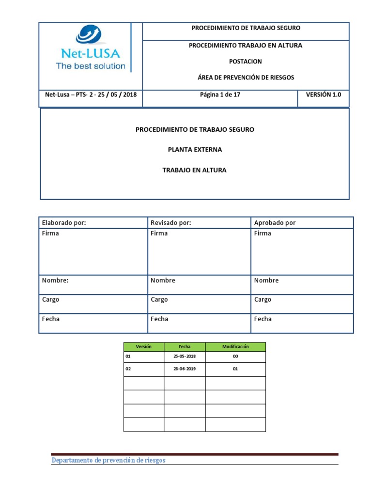 PTS Trabajo en Altura y Postacion | PDF
