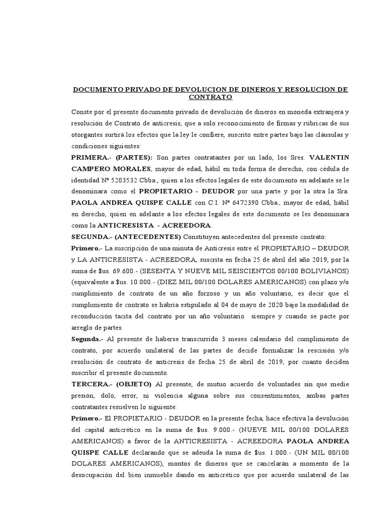Contrato Privado de Devolucion de Anticretico | PDF | Derecho privado