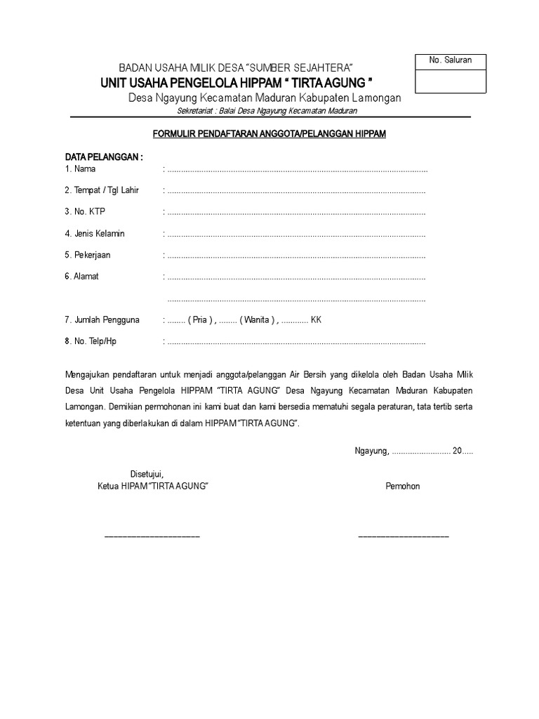 Pendaftaran Anggota HIPPAM Tirta Agung | PDF