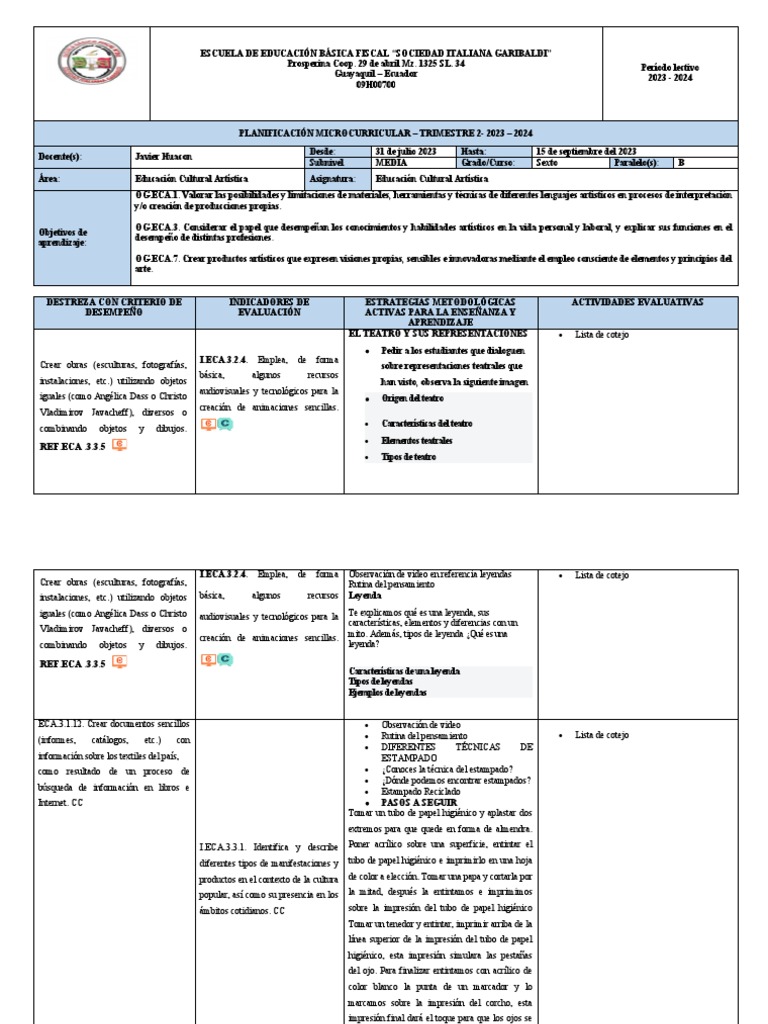 ECA. - Planificacion Segundo Trimeste Javier Huacon | PDF