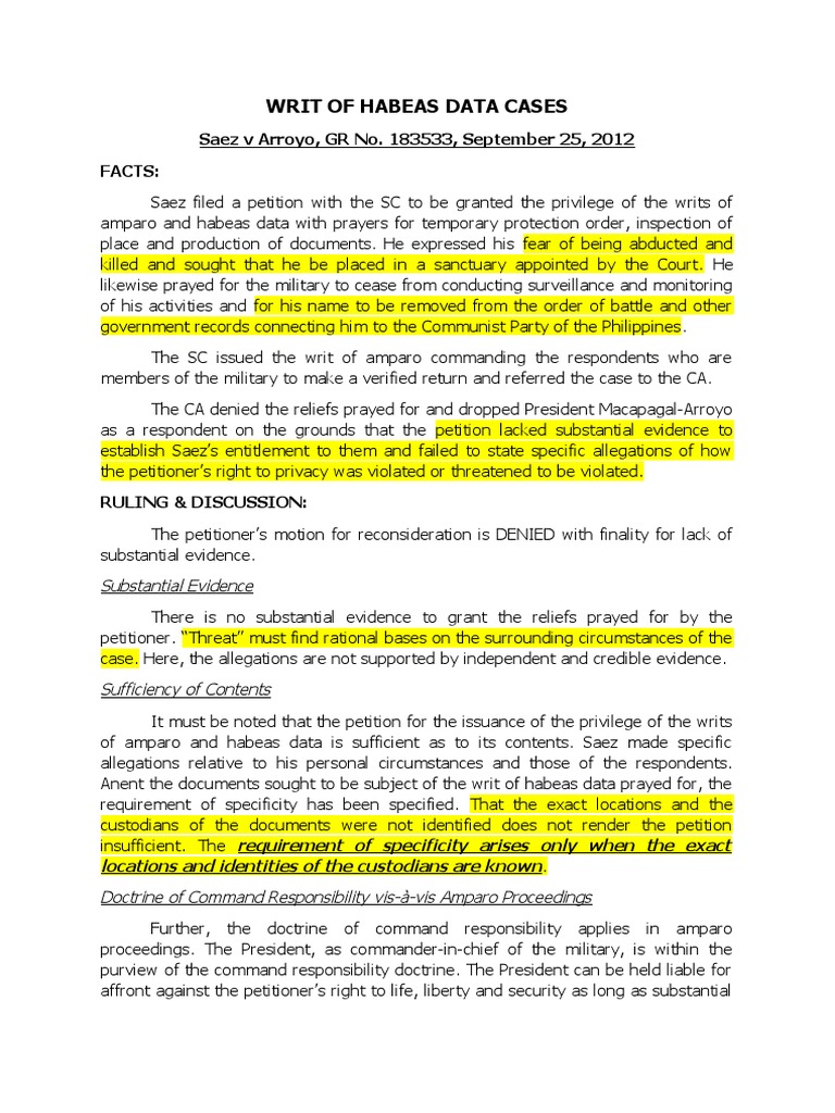 Case Digests Writ of Habeas Data | PDF