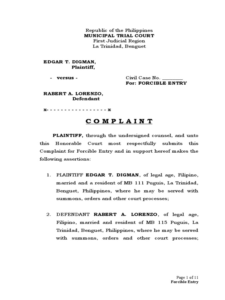 Complaint for Forcible Entry | PDF