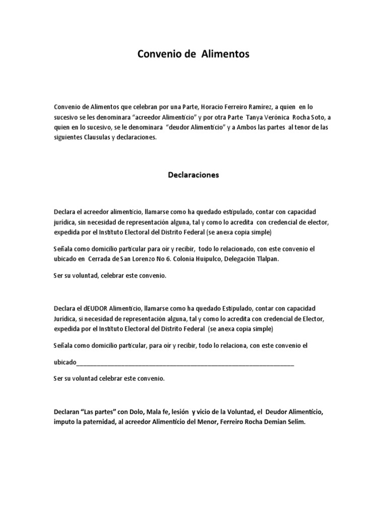 Convenio de Alimentos | PDF