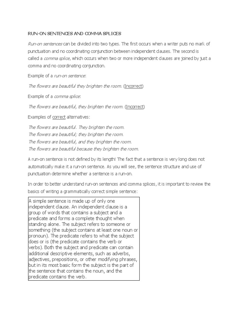 Run-On Sentences & Comma Splices Guide | PDF