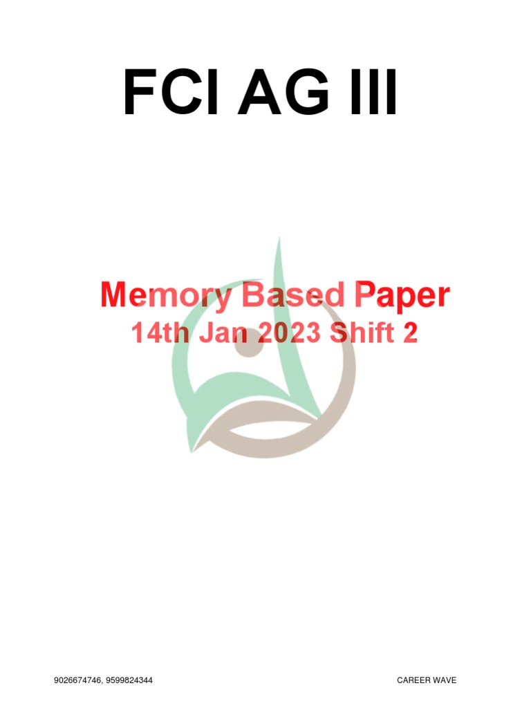 FCI AG III Memory Based Question Paper Held On 14th January 2023 | PDF